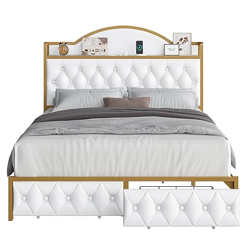 HITHOS Queen Bed Frame, Storage Headboard with Charging Station, Button Tufted Platform Bed with 2 Drawers, Upholstered Bed with 51.6" Tall Headboard, Gold Metal Frame, No Box Spring Needed, White
