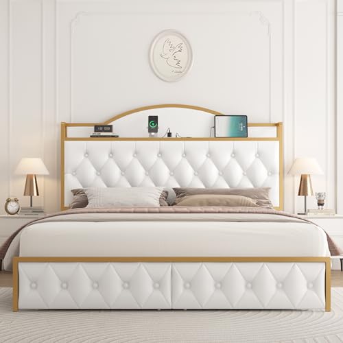 HITHOS Queen Bed Frame, Storage Headboard with Charging Station, Button Tufted Platform Bed with 2 Drawers, Upholstered Bed with 51.6" Tall Headboard, Gold Metal Frame, No Box Spring Needed, White