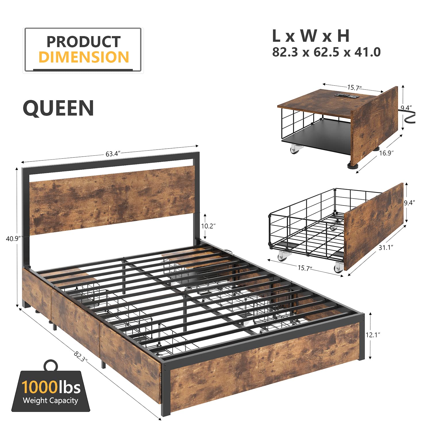Meitewei Queen Bed Frame with 4 Storage Drawers and 2 Nightstands, Bed Frame with LED Headboard and Charging Station, Metal Platform Bed Frame, No Box Spring Needed, Vintage Brown