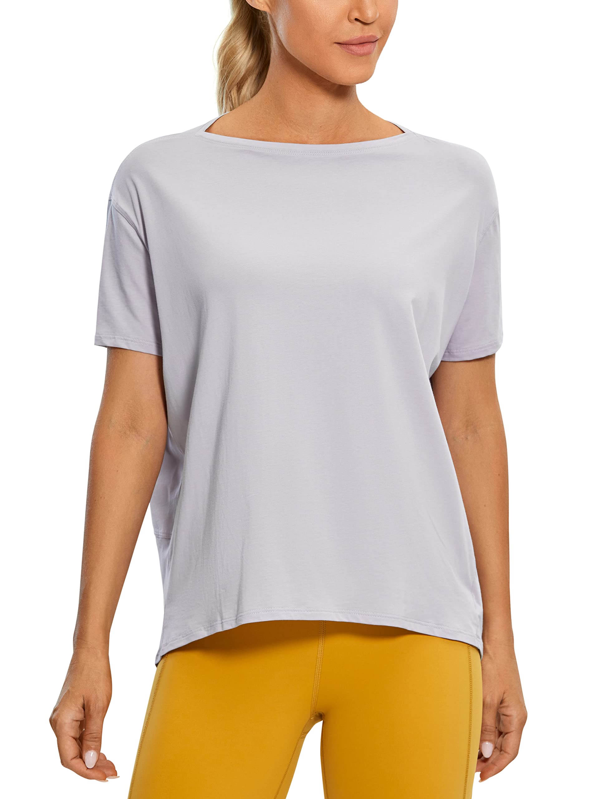 CRZ YOGA Women's Pima Cotton Short Sleeve Shirts Boat Neck Loose Fit Gym Workout T-Shirt Athletic Casual Tops Iced Iris Medium