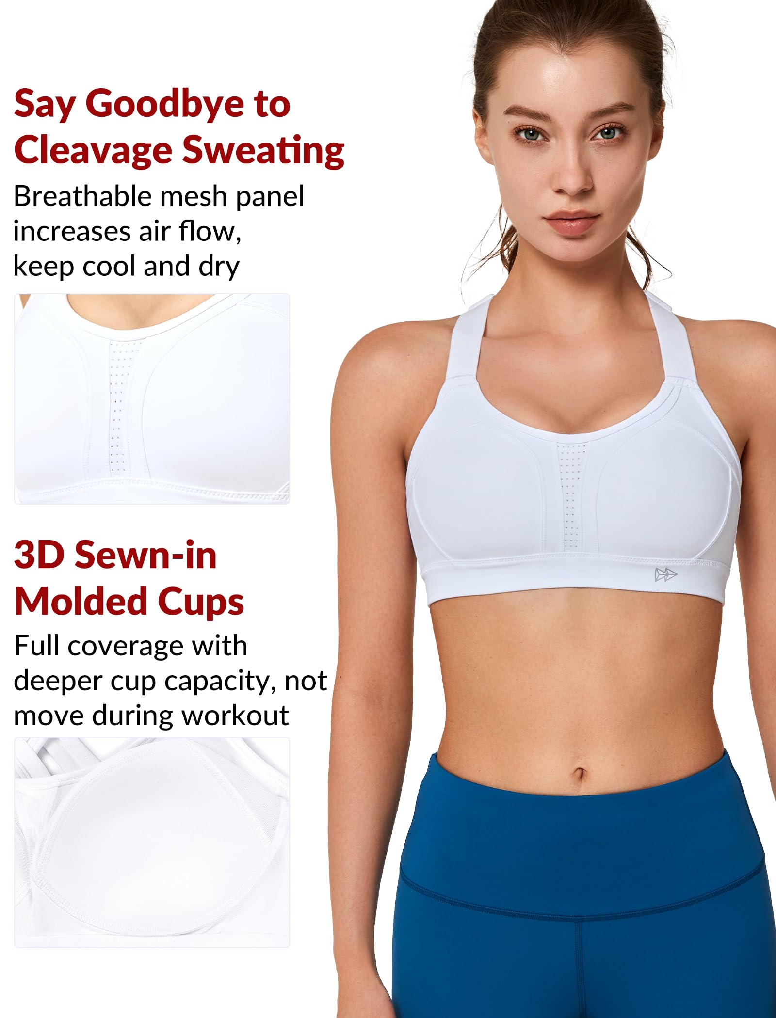 Yvette Sports Bra High Impact Adjustable Criss Cross Back, Full Support for Large Bust No Bounce, White,S