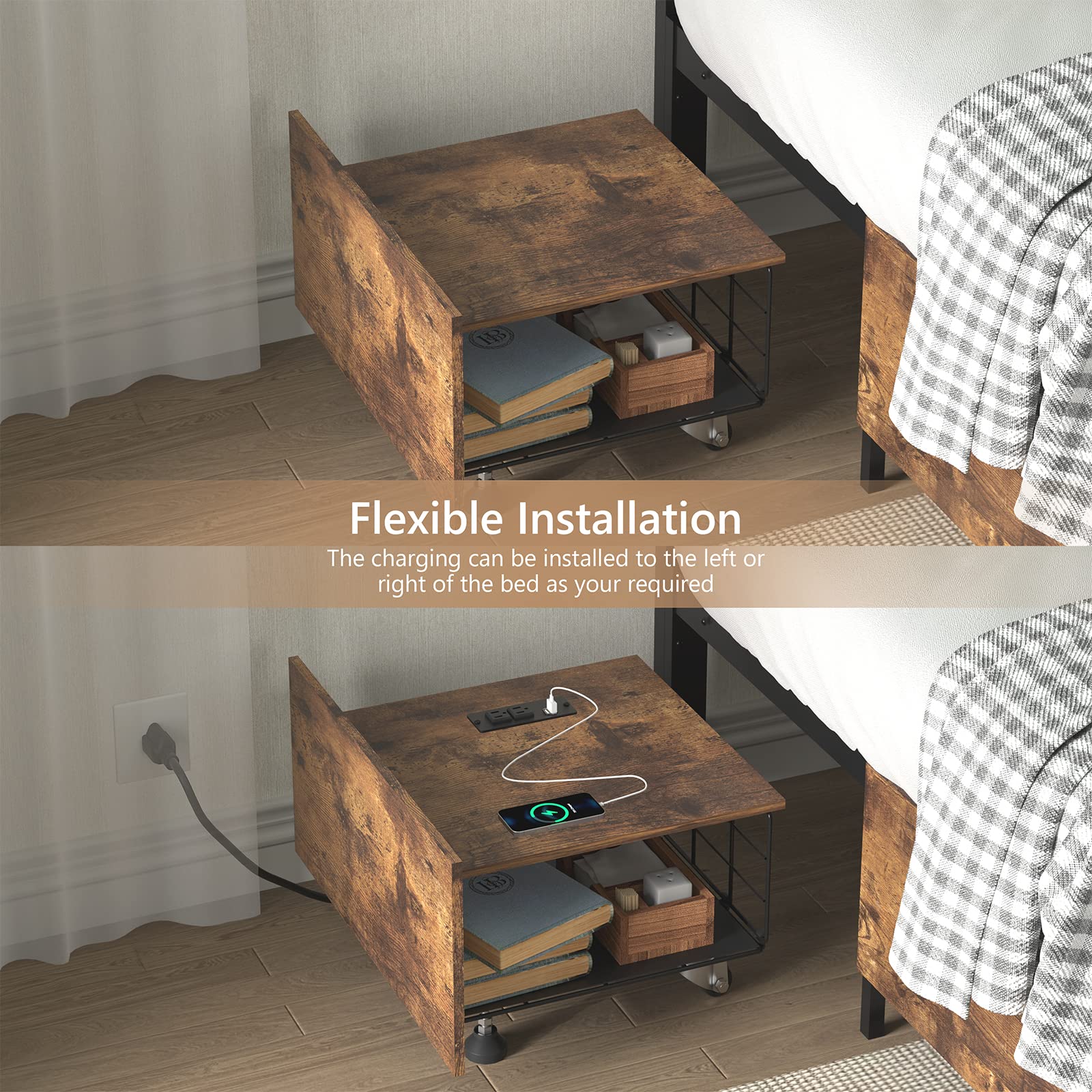 Meitewei Queen Bed Frame with 4 Storage Drawers and 2 Nightstands, Bed Frame with LED Headboard and Charging Station, Metal Platform Bed Frame, No Box Spring Needed, Vintage Brown