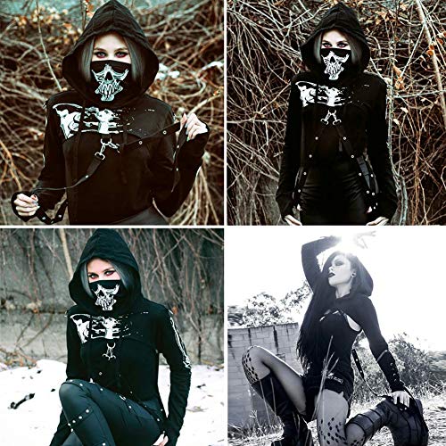 Women Gothic Skeleton Print Hoodies Mask Bandage Crop Top Lace Up Pullover Sweatshirt for Rave Festivals Streetwear