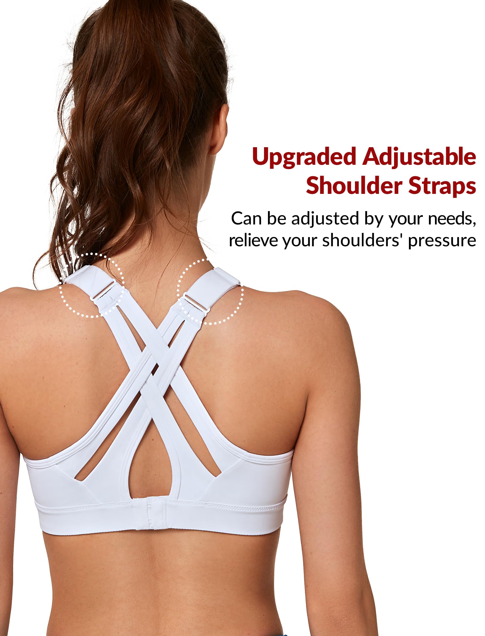 Yvette Sports Bra High Impact Adjustable Criss Cross Back, Full Support for Large Bust No Bounce, White,S