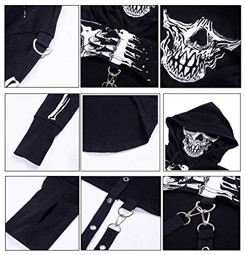 Women Gothic Skeleton Print Hoodies Mask Bandage Crop Top Lace Up Pullover Sweatshirt for Rave Festivals Streetwear