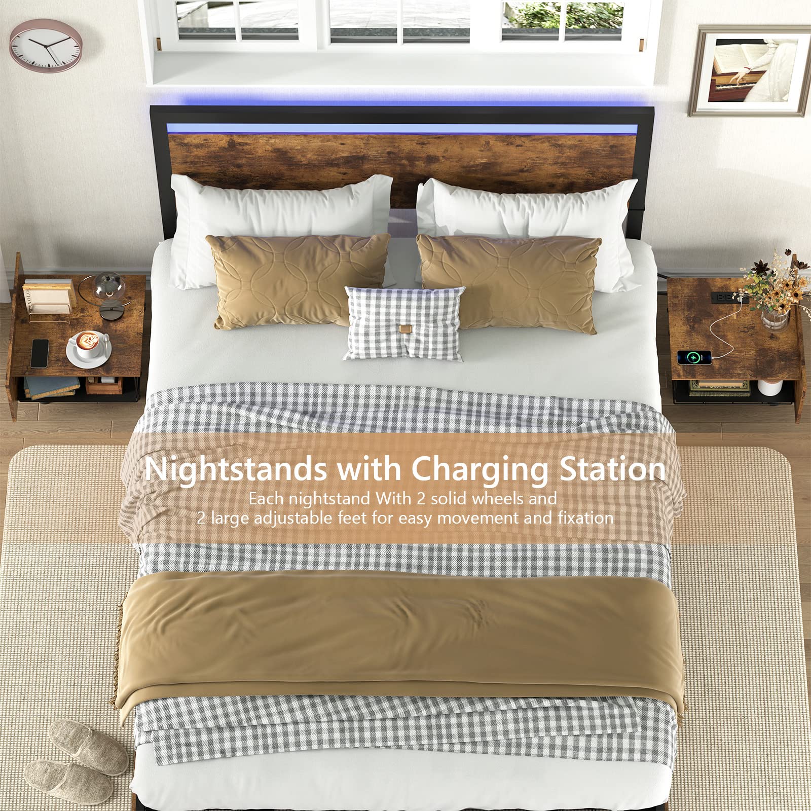 Meitewei Queen Bed Frame with 4 Storage Drawers and 2 Nightstands, Bed Frame with LED Headboard and Charging Station, Metal Platform Bed Frame, No Box Spring Needed, Vintage Brown
