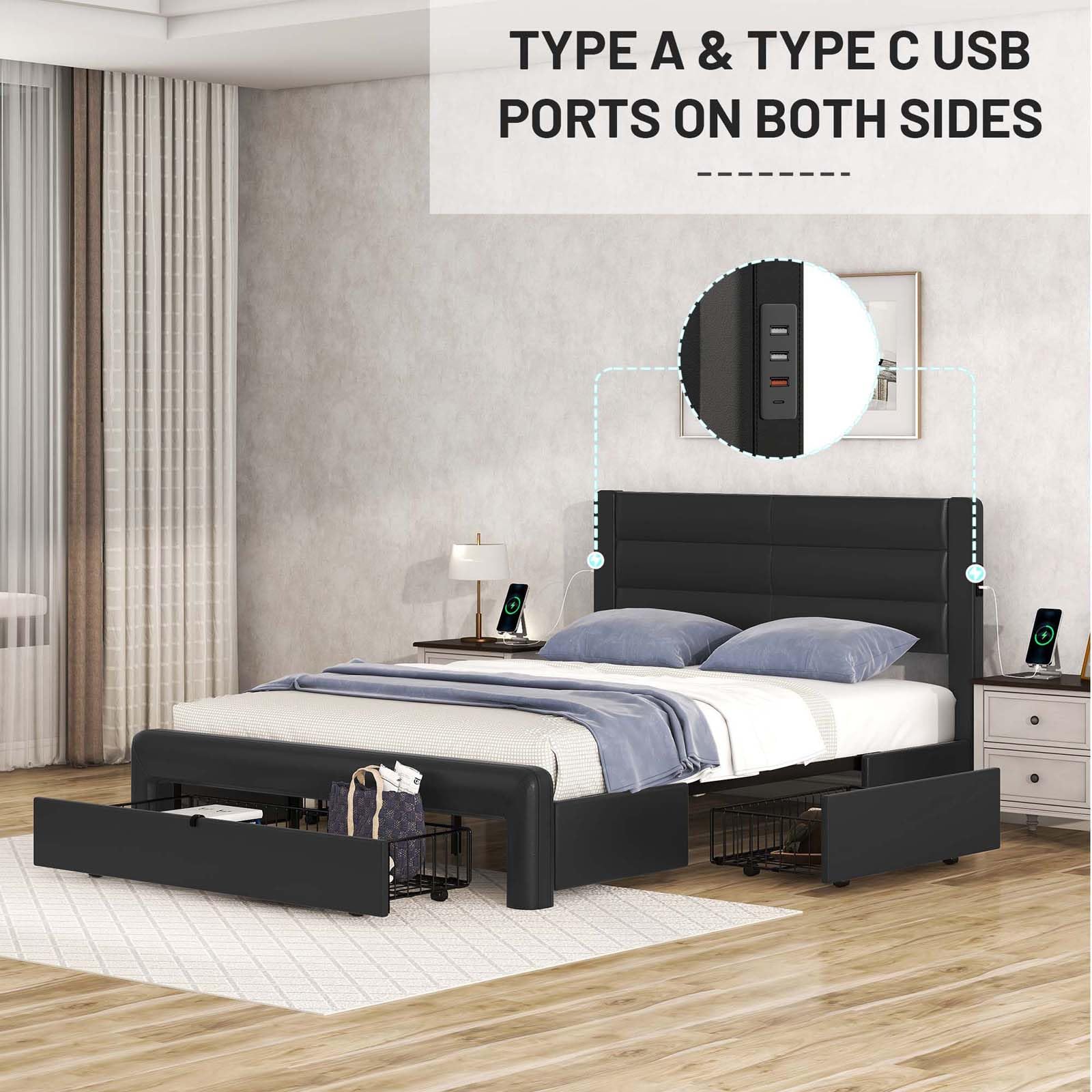 Shuoya Jewelry Queen Size Upholstered Platform Bed Frame with 2 USB Charging Station Headboard, Leather Platform Bed with 3 Storage Drawers, Solid Wood Slat Support, No Box Spring Needed (Black)