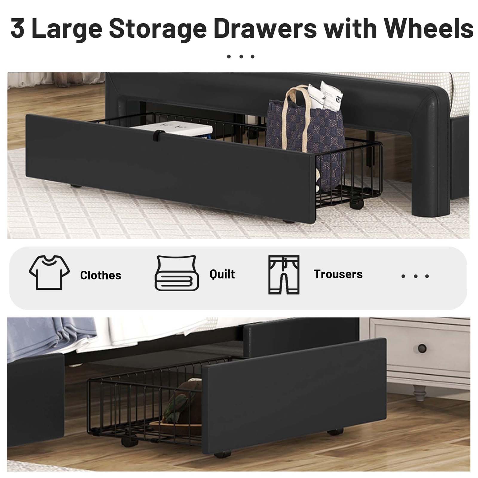 Shuoya Jewelry Queen Size Upholstered Platform Bed Frame with 2 USB Charging Station Headboard, Leather Platform Bed with 3 Storage Drawers, Solid Wood Slat Support, No Box Spring Needed (Black)