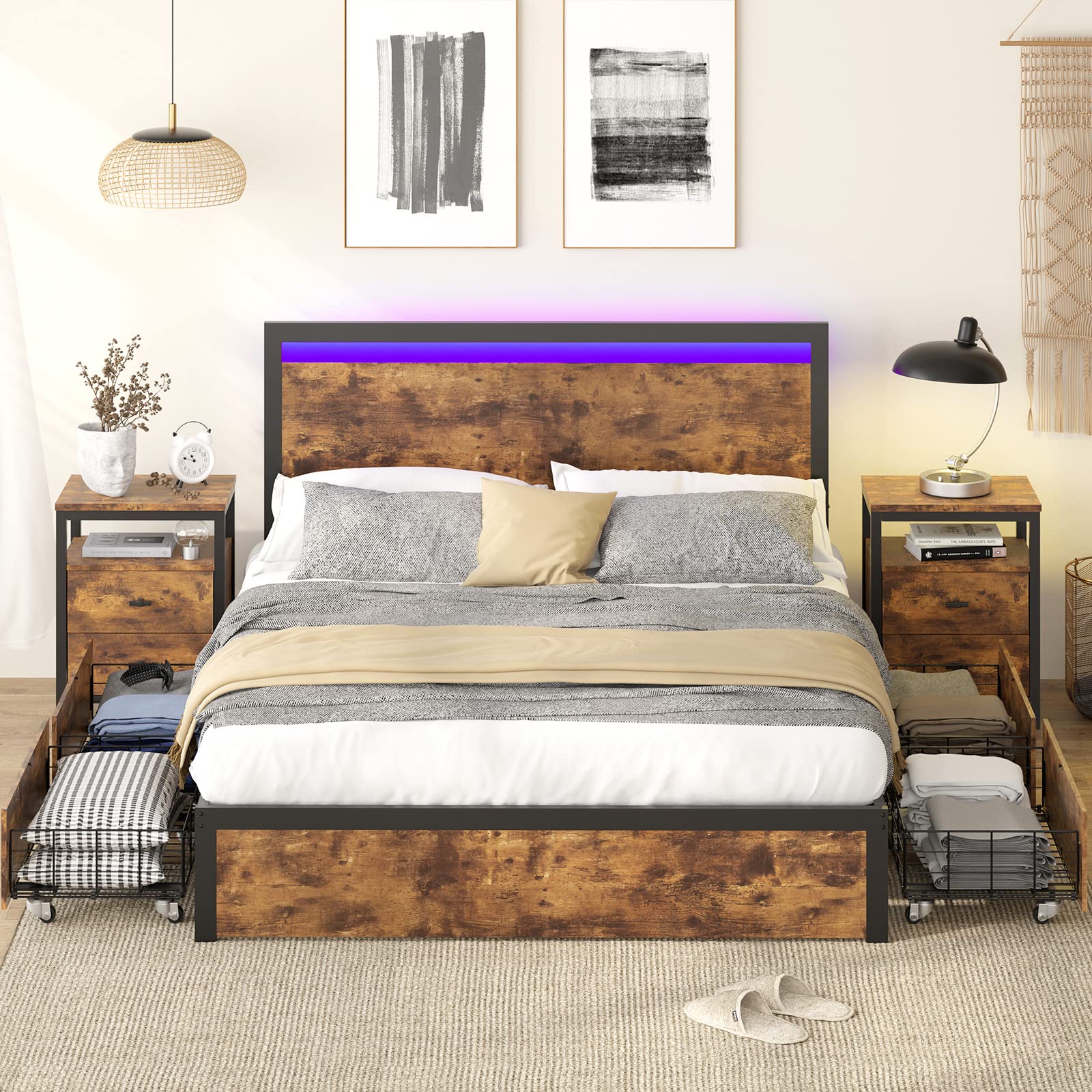 Meitewei Queen Bed Frame with 4 Storage Drawers and 2 Nightstands, Bed Frame with LED Headboard and Charging Station, Metal Platform Bed Frame, No Box Spring Needed, Vintage Brown