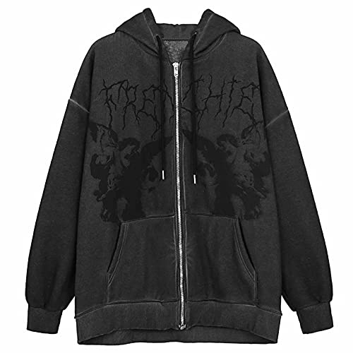NUFIWI Women’s Angel Print Oversized Hoodies Skull Skeleton Pattern Zip Up Jackets Y2K Autumn Winter Plus Size Sweatshirt Black