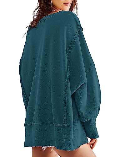 Beaully Womens Oversized Crewneck Sweatshirt Side Slit Long Sleeve Winter Clothes 2023 Outfits Pullovers Top 6088 Dark Blue Medium
