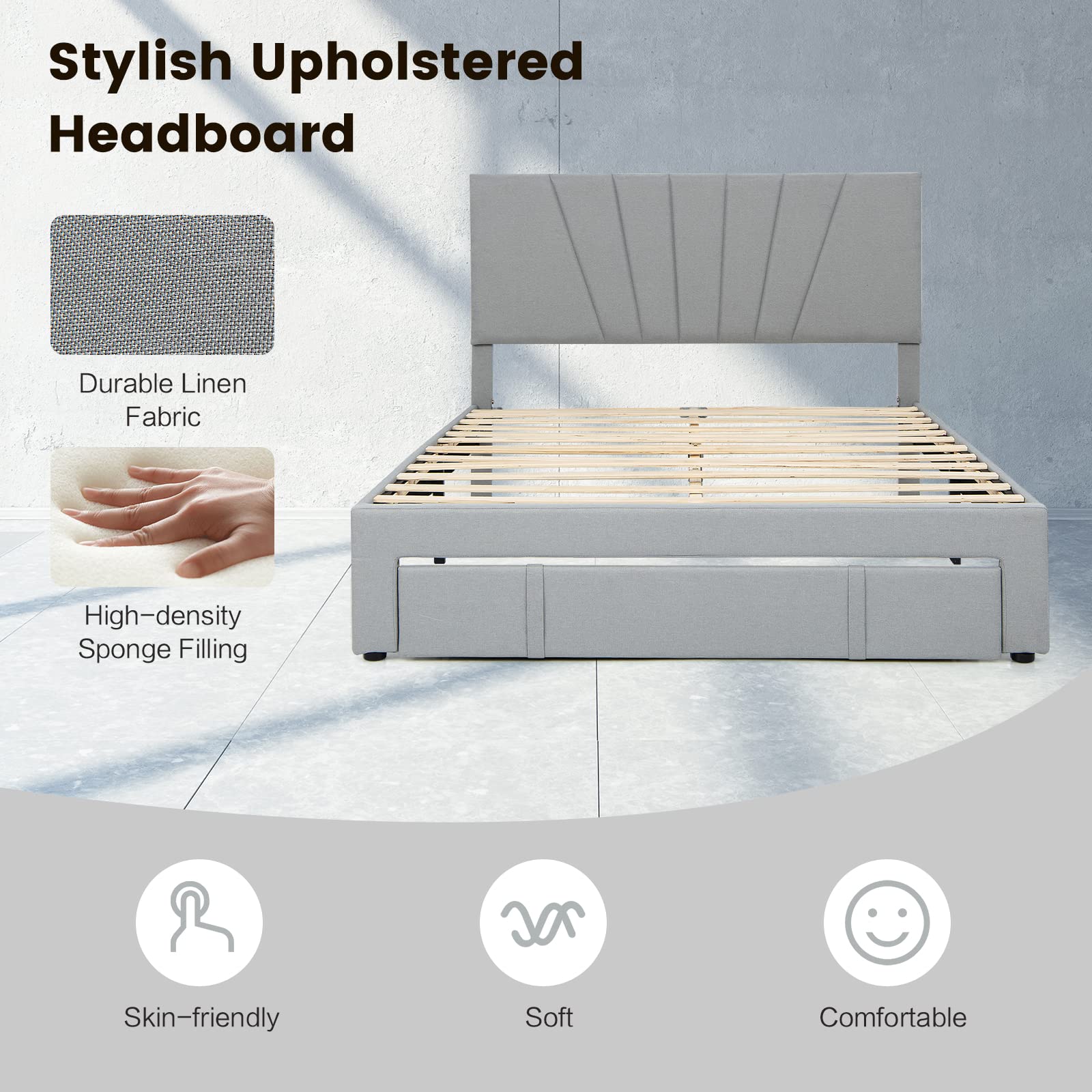 Giantex Upholstered Queen Bed Frame with Drawer, Modern Platform Bed with Storage & Adjustable Headboard, Wooden Slat Support Mattress Foundation, No Box Spring Needed, Noise Free