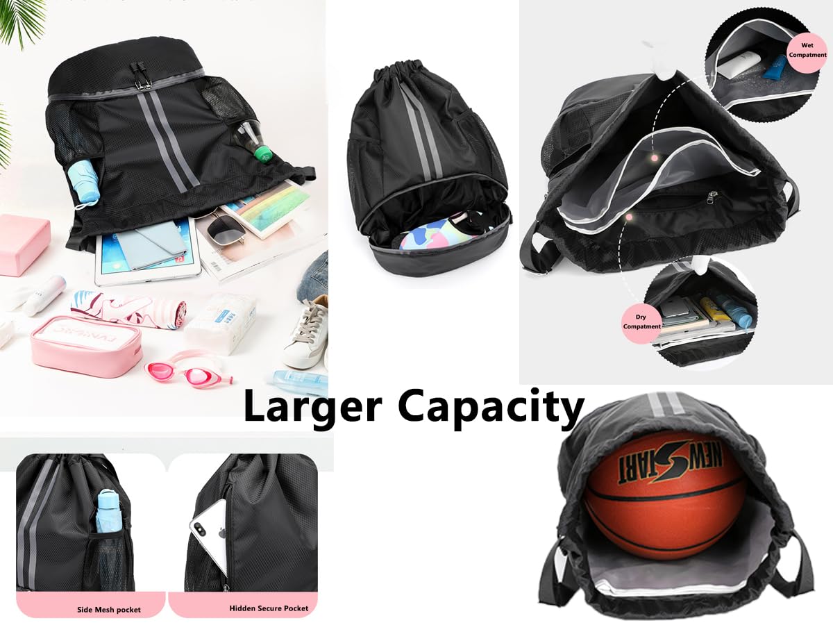 BRILISLE Drawstring Backpack Water-Resistant Sports Gym Bag for Women & Men with Shoes Compartment and Wet-Proof Pocket Black