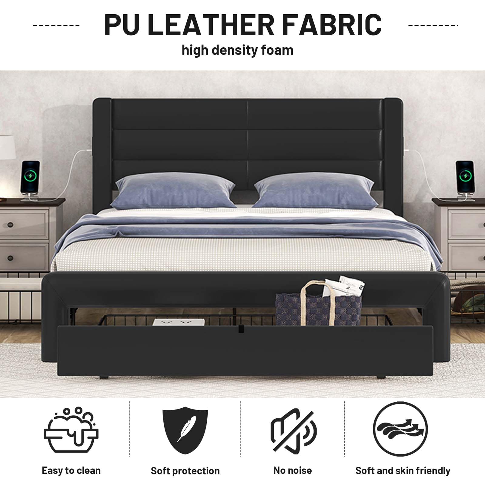 Shuoya Jewelry Queen Size Upholstered Platform Bed Frame with 2 USB Charging Station Headboard, Leather Platform Bed with 3 Storage Drawers, Solid Wood Slat Support, No Box Spring Needed (Black)