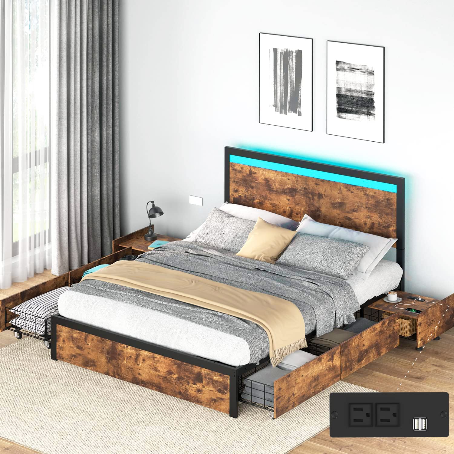 Meitewei Queen Bed Frame with 4 Storage Drawers and 2 Nightstands, Bed Frame with LED Headboard and Charging Station, Metal Platform Bed Frame, No Box Spring Needed, Vintage Brown