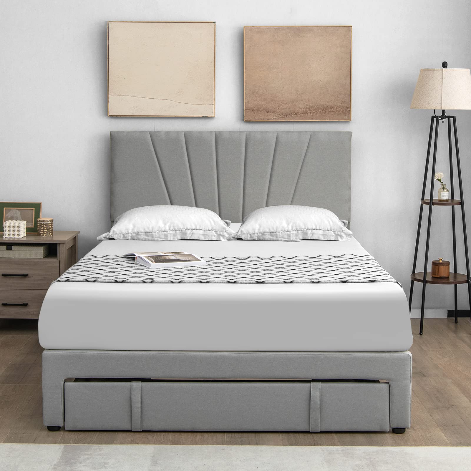 Giantex Upholstered Queen Bed Frame with Drawer, Modern Platform Bed with Storage & Adjustable Headboard, Wooden Slat Support Mattress Foundation, No Box Spring Needed, Noise Free