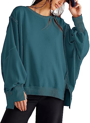 Beaully Womens Oversized Crewneck Sweatshirt Side Slit Long Sleeve Winter Clothes 2023 Outfits Pullovers Top 6088 Dark Blue Medium