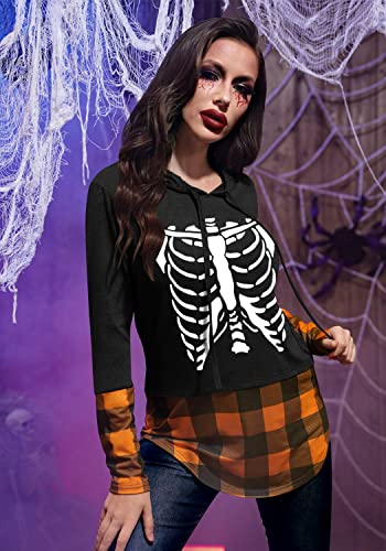 For G and PL Womens Halloween Long Plaid Sleeve Tops Shirts Skeleton Skull Hoodie Sweatshirt Black M