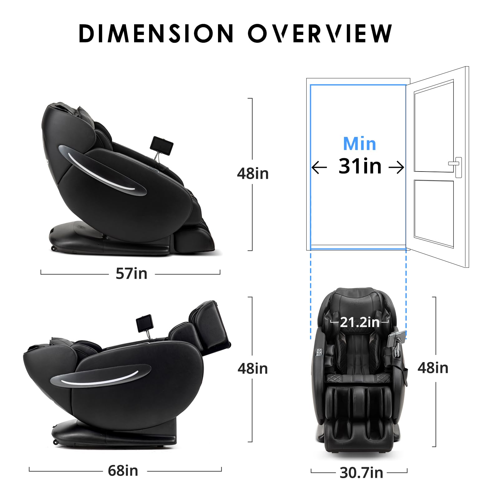 MYNTA Massage Chair MC3100, Full Body Zero Gravity SL Track 3D Massage Chair with Calf Roller Massage, Voice Control, Thai Stretch, Black