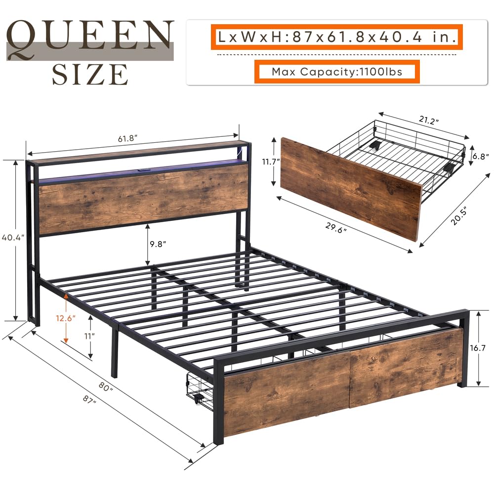 Anwick Queen Bed Frame with Storage Headboard and 2 Drawers, LED Lights Bed with Charging Station, Metal Platform, Non-Slip Without Noise, Metal Slats Support, No Box Spring Needed (Brown, Queen)