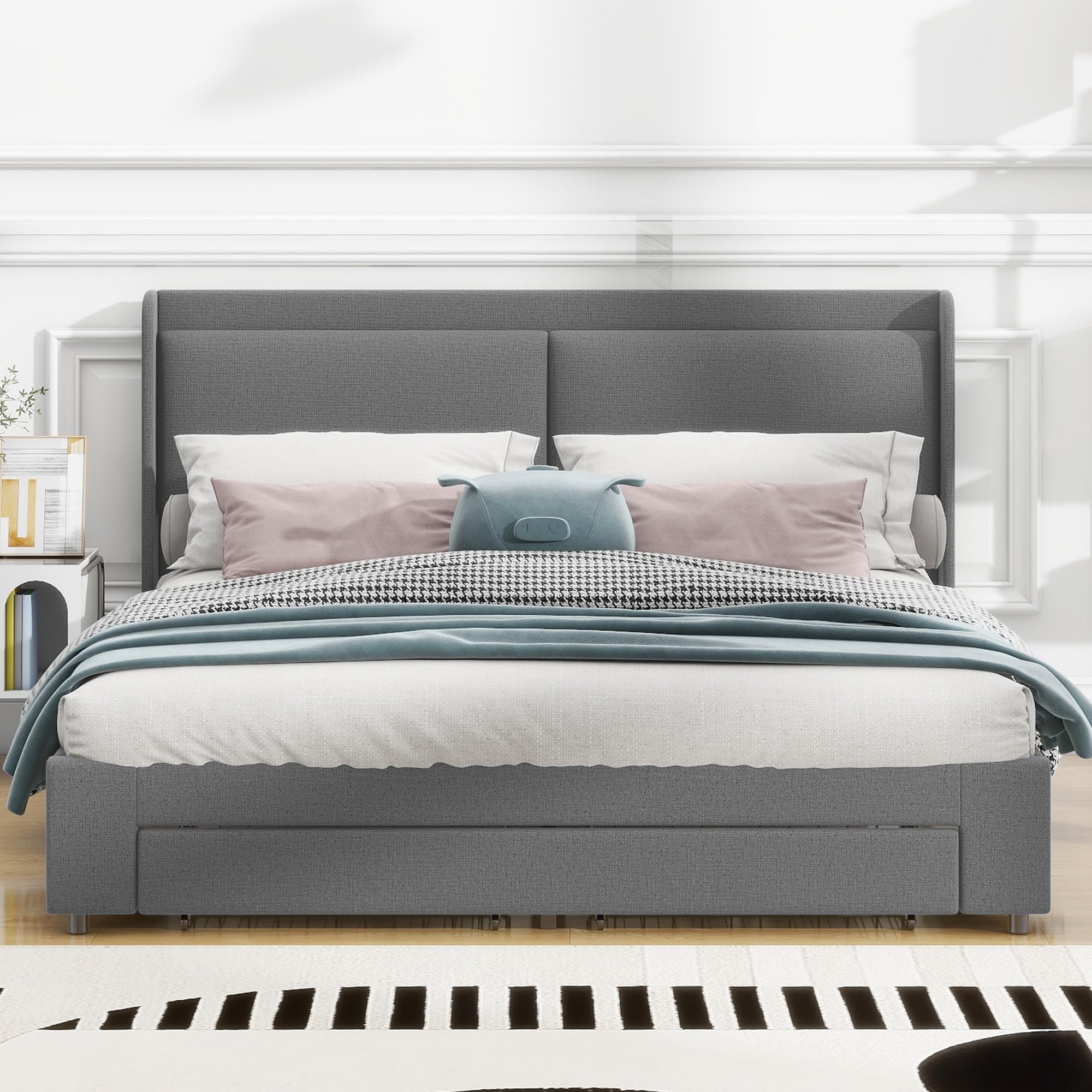 Queen Size Upholstered Platform Bed with Lift Up Hydraulic Storage System, Linen Upholstered Storage Platform Bed Frame with 2 Drawers for Bedrooms Guest Rooms, Sturdy Slats Support (Grey-US)