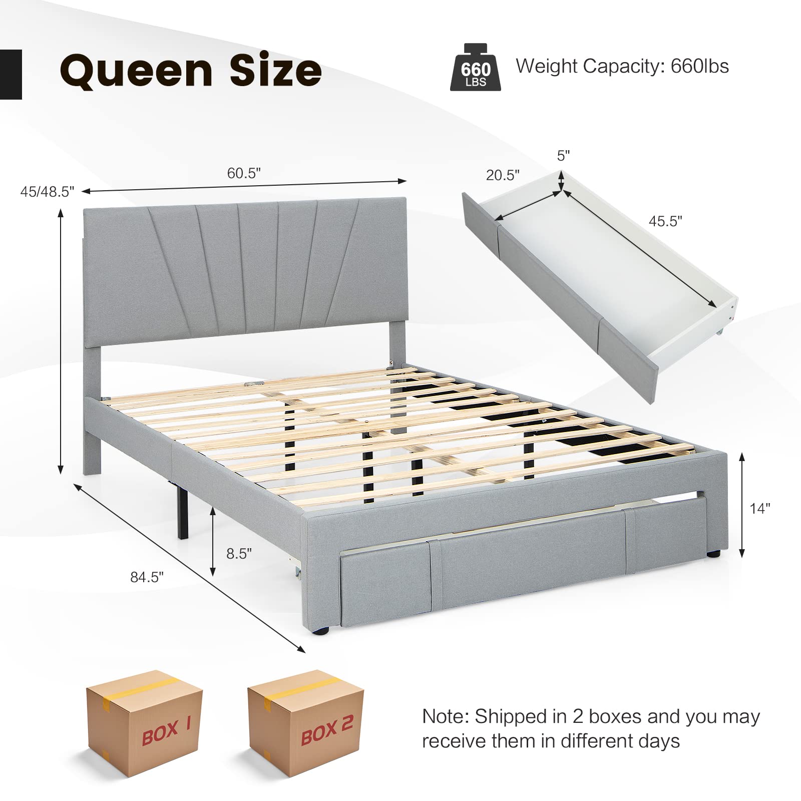 Giantex Upholstered Queen Bed Frame with Drawer, Modern Platform Bed with Storage & Adjustable Headboard, Wooden Slat Support Mattress Foundation, No Box Spring Needed, Noise Free