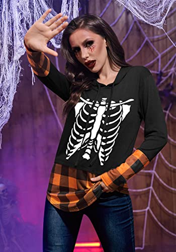 For G and PL Womens Halloween Long Plaid Sleeve Tops Shirts Skeleton Skull Hoodie Sweatshirt Black M