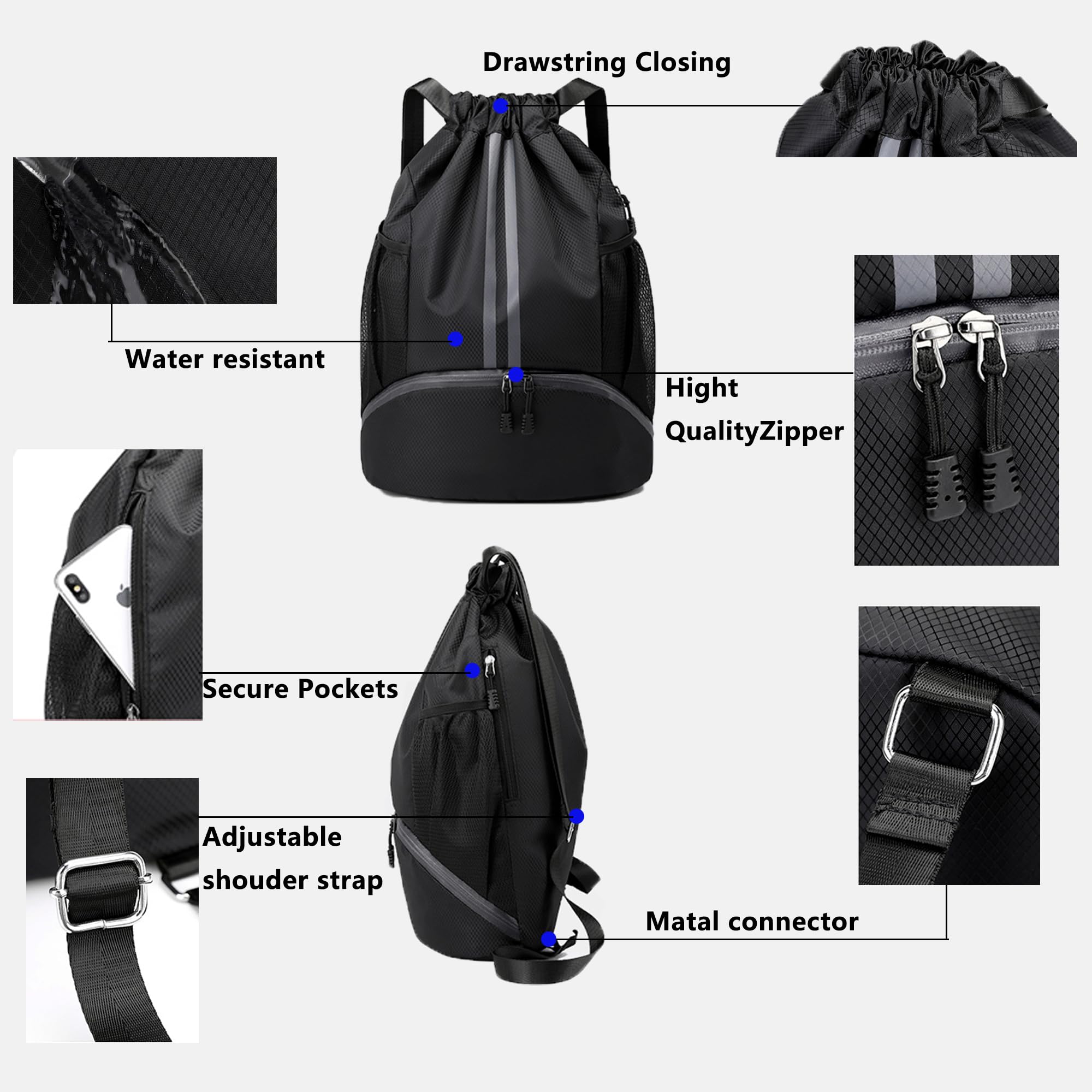 BRILISLE Drawstring Backpack Water-Resistant Sports Gym Bag for Women & Men with Shoes Compartment and Wet-Proof Pocket Black