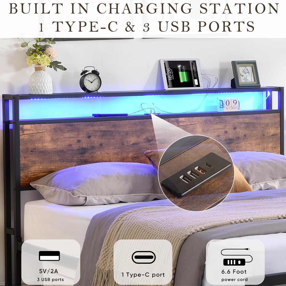 Anwick Queen Bed Frame with Storage Headboard and 2 Drawers, LED Lights Bed with Charging Station, Metal Platform, Non-Slip Without Noise, Metal Slats Support, No Box Spring Needed (Brown, Queen)