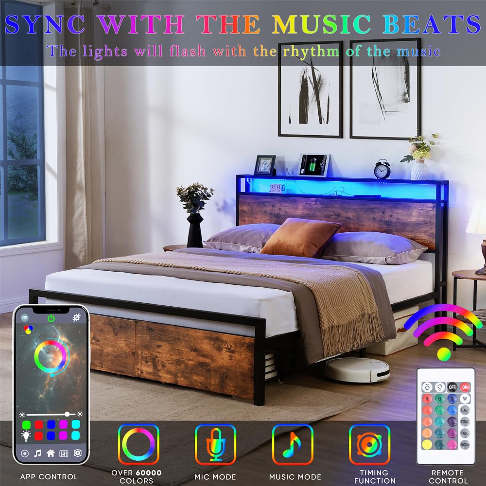 Anwick Queen Bed Frame with Storage Headboard and 2 Drawers, LED Lights Bed with Charging Station, Metal Platform, Non-Slip Without Noise, Metal Slats Support, No Box Spring Needed (Brown, Queen)