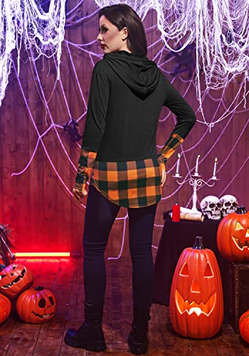 For G and PL Womens Halloween Long Plaid Sleeve Tops Shirts Skeleton Skull Hoodie Sweatshirt Black M