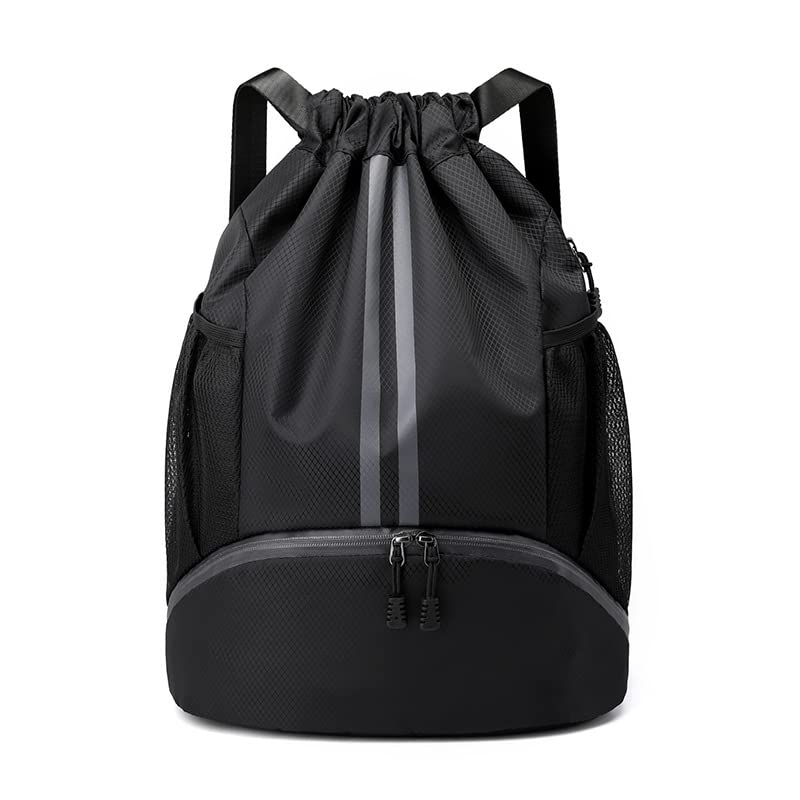 BRILISLE Drawstring Backpack Water-Resistant Sports Gym Bag for Women & Men with Shoes Compartment and Wet-Proof Pocket Black
