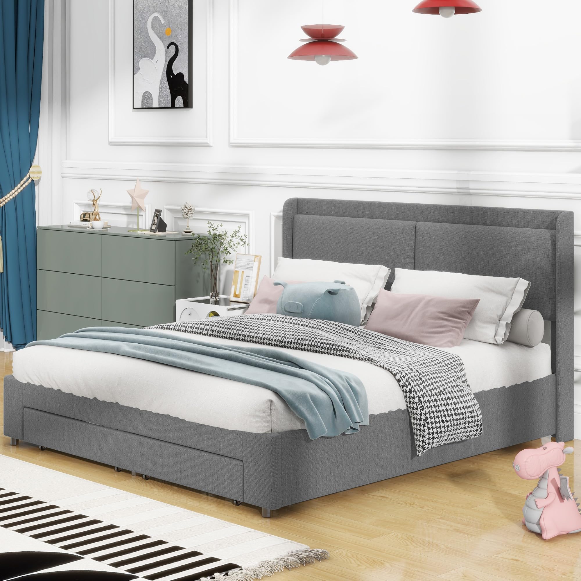 Queen Size Upholstered Platform Bed with Lift Up Hydraulic Storage System, Linen Upholstered Storage Platform Bed Frame with 2 Drawers for Bedrooms Guest Rooms, Sturdy Slats Support (Grey-US)