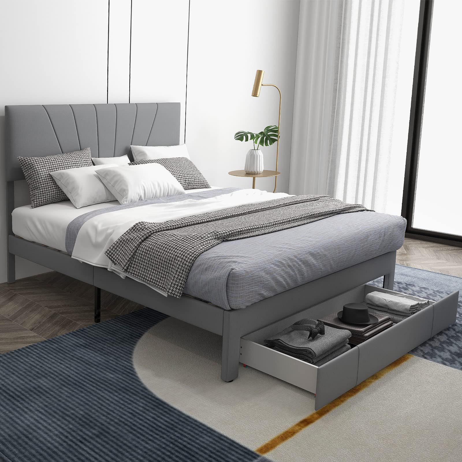 Giantex Upholstered Queen Bed Frame with Drawer, Modern Platform Bed with Storage & Adjustable Headboard, Wooden Slat Support Mattress Foundation, No Box Spring Needed, Noise Free