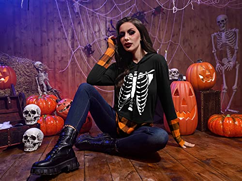 For G and PL Womens Halloween Long Plaid Sleeve Tops Shirts Skeleton Skull Hoodie Sweatshirt Black M