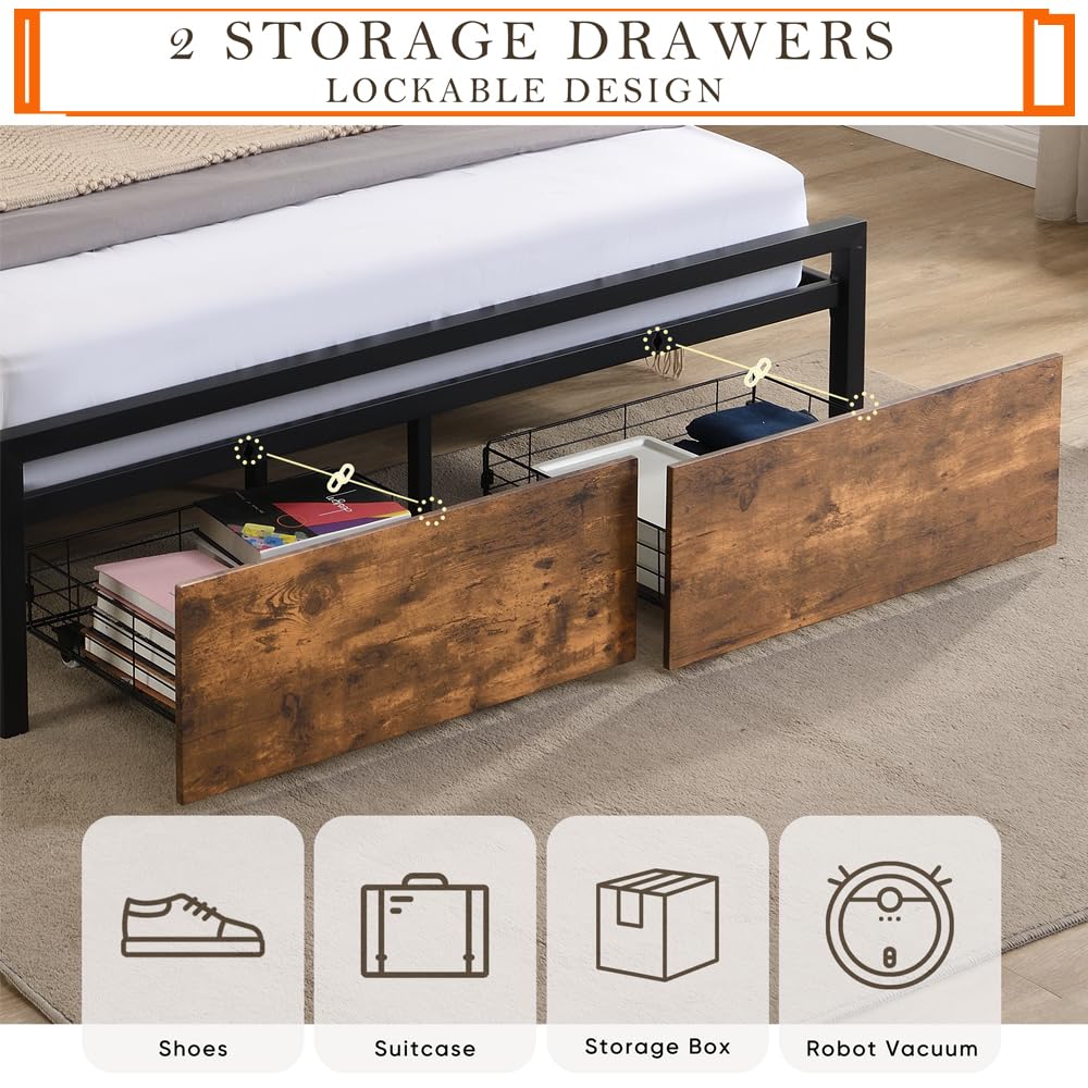 Anwick Queen Bed Frame with Storage Headboard and 2 Drawers, LED Lights Bed with Charging Station, Metal Platform, Non-Slip Without Noise, Metal Slats Support, No Box Spring Needed (Brown, Queen)