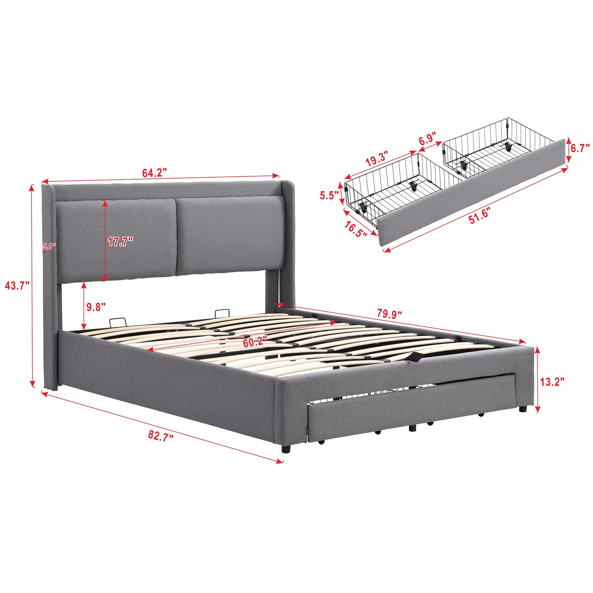 Queen Size Upholstered Platform Bed with Lift Up Hydraulic Storage System, Linen Upholstered Storage Platform Bed Frame with 2 Drawers for Bedrooms Guest Rooms, Sturdy Slats Support (Grey-US)