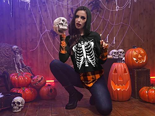 For G and PL Womens Halloween Long Plaid Sleeve Tops Shirts Skeleton Skull Hoodie Sweatshirt Black M