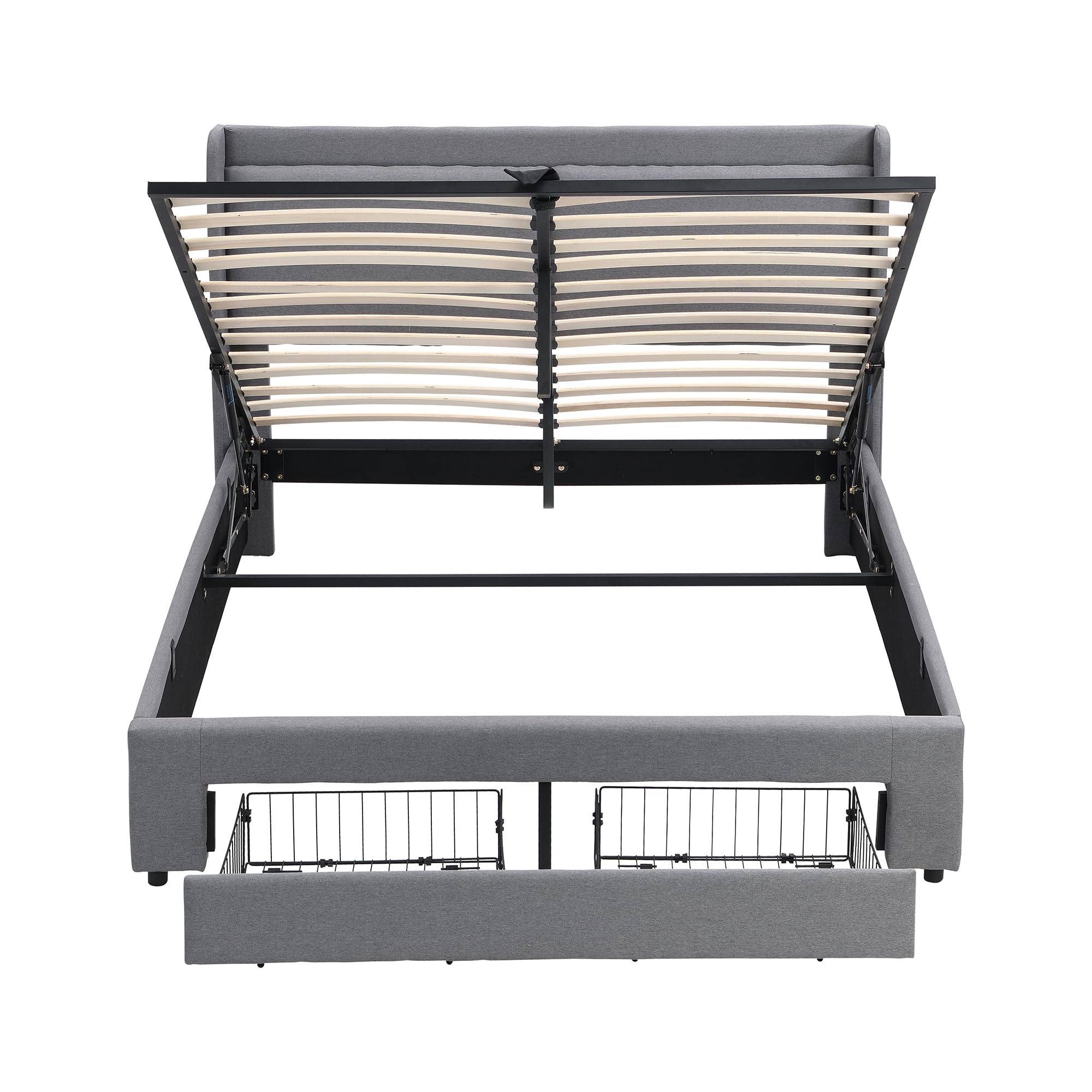 Queen Size Upholstered Platform Bed with Lift Up Hydraulic Storage System, Linen Upholstered Storage Platform Bed Frame with 2 Drawers for Bedrooms Guest Rooms, Sturdy Slats Support (Grey-US)