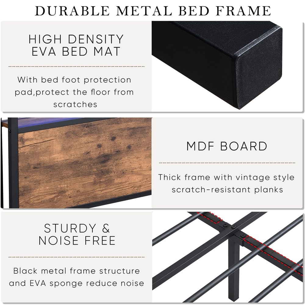 Anwick Queen Bed Frame with Storage Headboard and 2 Drawers, LED Lights Bed with Charging Station, Metal Platform, Non-Slip Without Noise, Metal Slats Support, No Box Spring Needed (Brown, Queen)