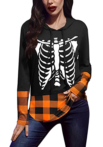 For G and PL Womens Halloween Long Plaid Sleeve Tops Shirts Skeleton Skull Hoodie Sweatshirt Black M