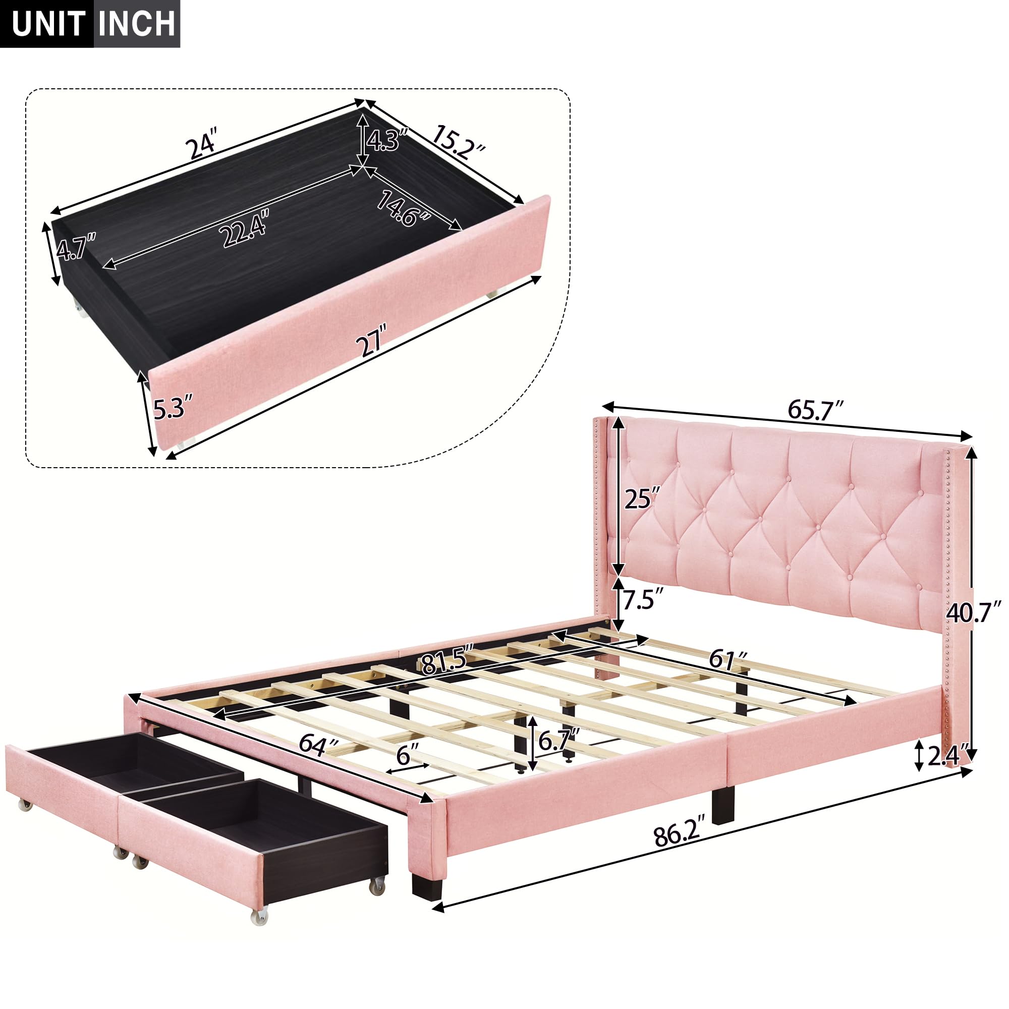 Upholstered Queen Size Platform Bed with 2 Drawer,Linen Fabric Solid Wood Bed Frame with Tufted Nail Head Board. Suitable for Children and Teenagers (Pink#1^)