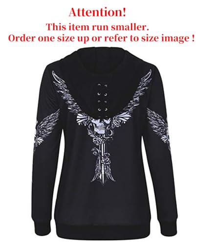 TOMETO STAR Women Causal Zipper Hoodie Skull Wings Print Hooded Jacket Coat Loose Sweatshirt Plus Size Black
