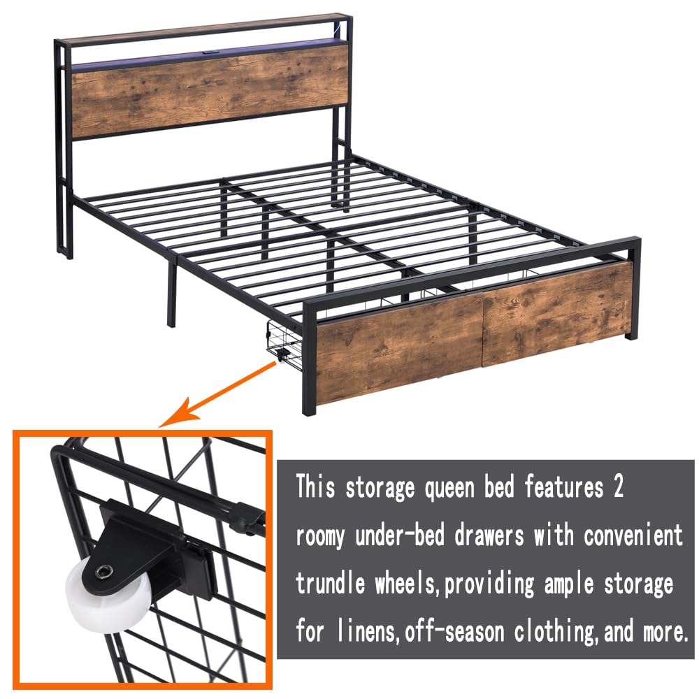 Anwick Queen Bed Frame with Storage Headboard and 2 Drawers, LED Lights Bed with Charging Station, Metal Platform, Non-Slip Without Noise, Metal Slats Support, No Box Spring Needed (Brown, Queen)