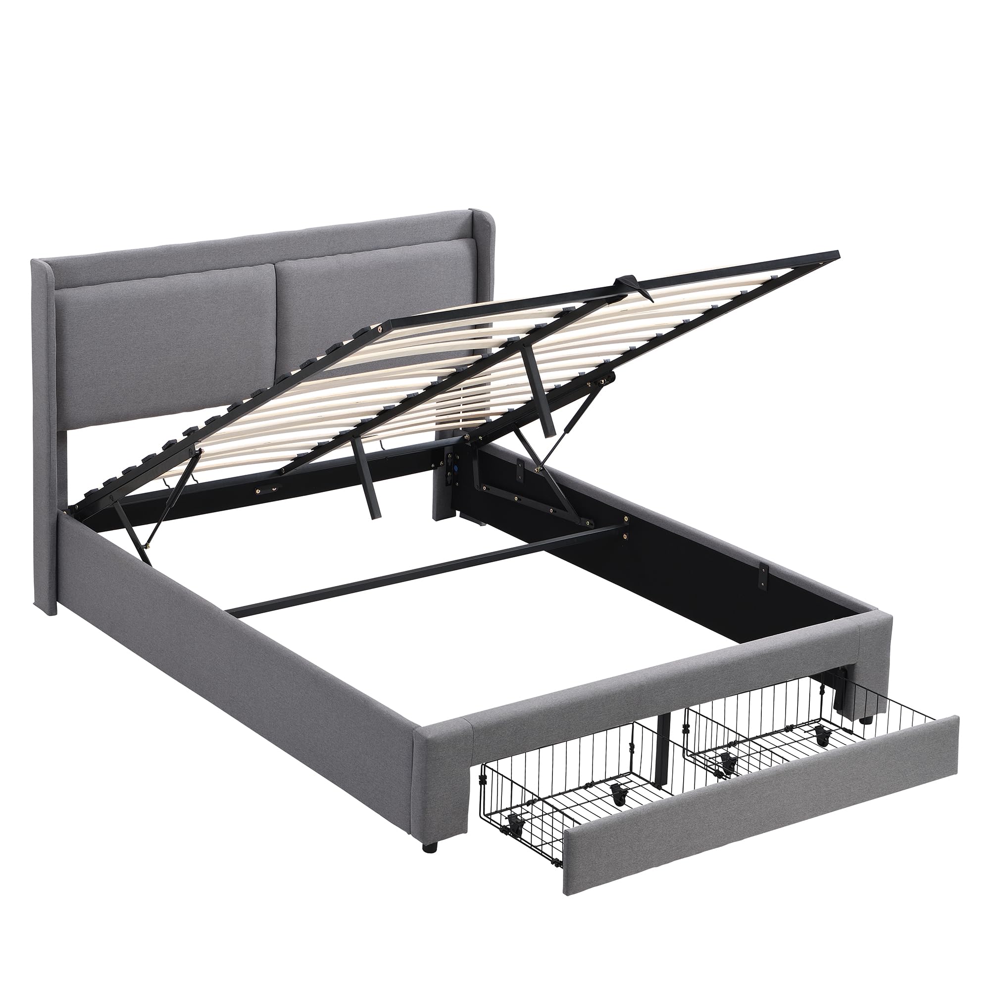 Queen Size Upholstered Platform Bed with Lift Up Hydraulic Storage System, Linen Upholstered Storage Platform Bed Frame with 2 Drawers for Bedrooms Guest Rooms, Sturdy Slats Support (Grey-US)