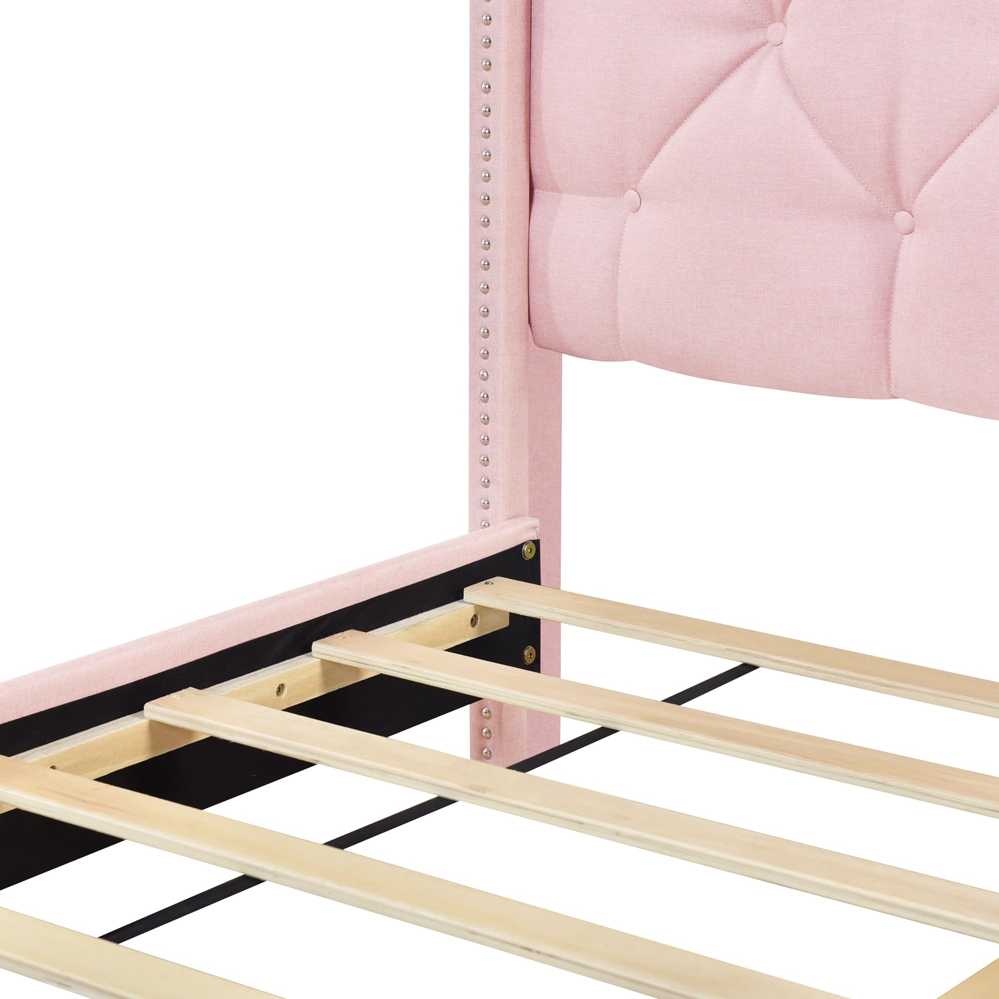 Upholstered Queen Size Platform Bed with 2 Drawer,Linen Fabric Solid Wood Bed Frame with Tufted Nail Head Board. Suitable for Children and Teenagers (Pink#1^)