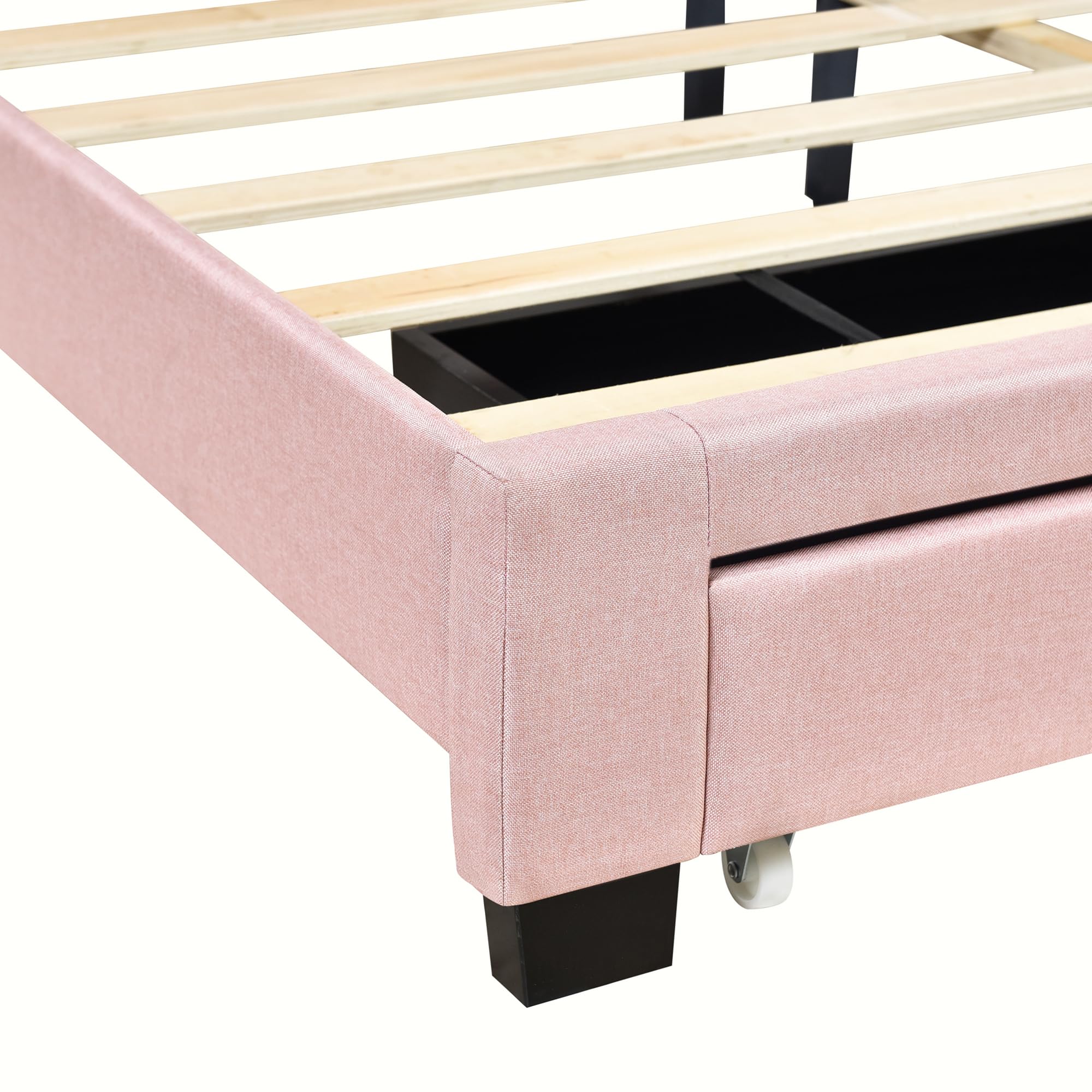 Upholstered Queen Size Platform Bed with 2 Drawer,Linen Fabric Solid Wood Bed Frame with Tufted Nail Head Board. Suitable for Children and Teenagers (Pink#1^)