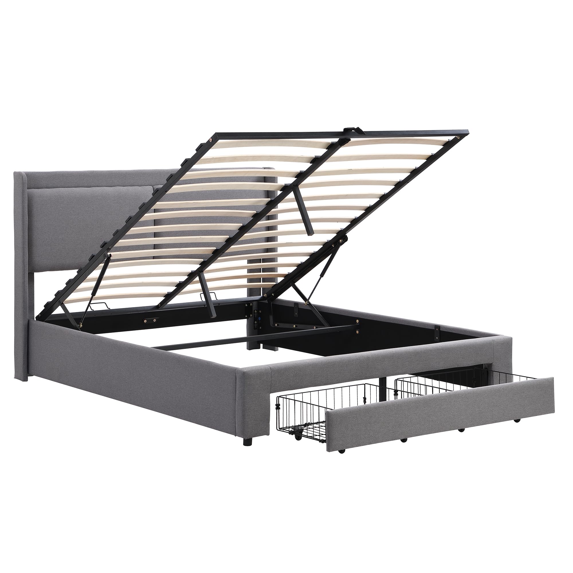 Queen Size Upholstered Platform Bed with Lift Up Hydraulic Storage System, Linen Upholstered Storage Platform Bed Frame with 2 Drawers for Bedrooms Guest Rooms, Sturdy Slats Support (Grey-US)
