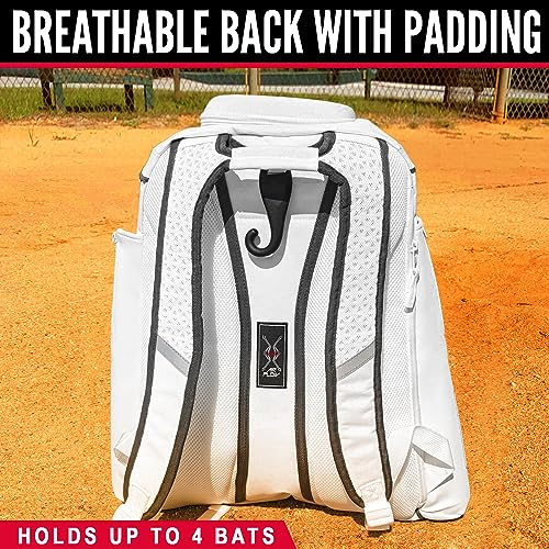 Hit Run Steal White Softball Baseball Bag - Holds 4 Bats, Glove, Water Bottle, Shoe Compartment, Helmet, Fence Hook for Equipment & Gear