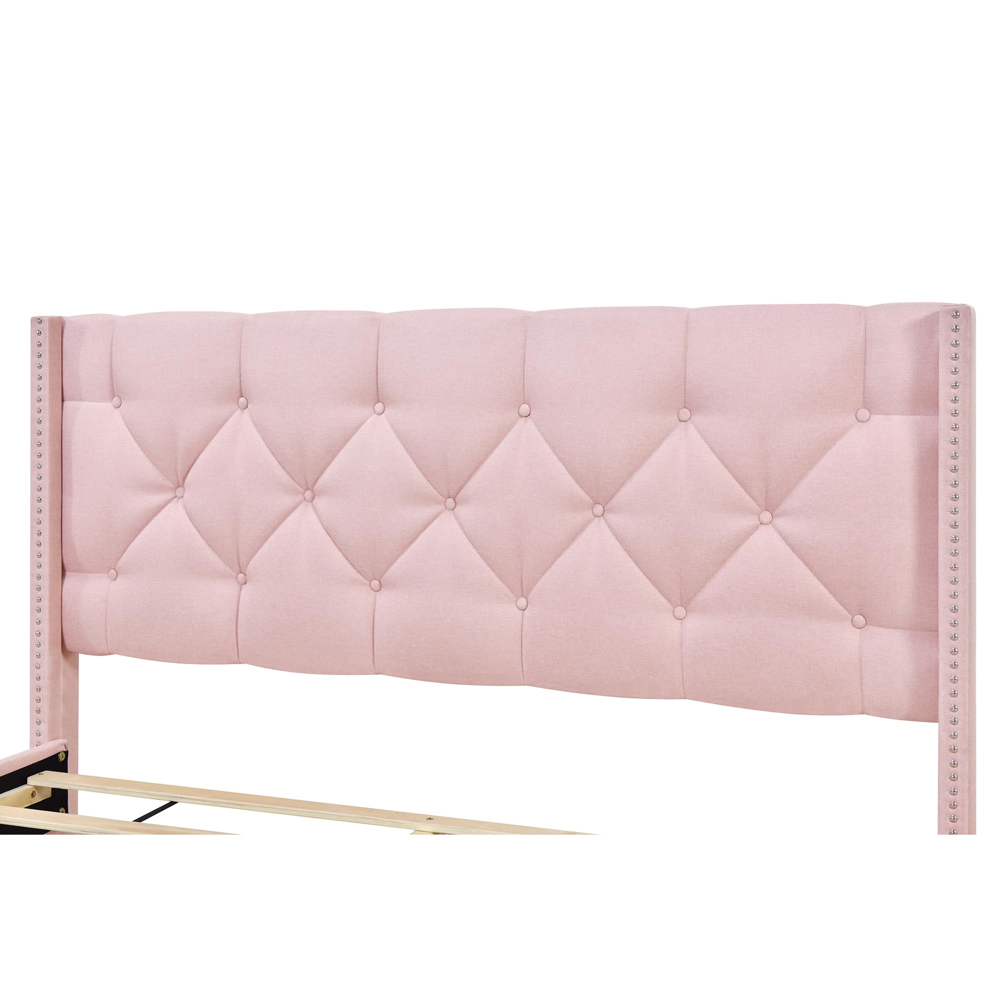 Upholstered Queen Size Platform Bed with 2 Drawer,Linen Fabric Solid Wood Bed Frame with Tufted Nail Head Board. Suitable for Children and Teenagers (Pink#1^)